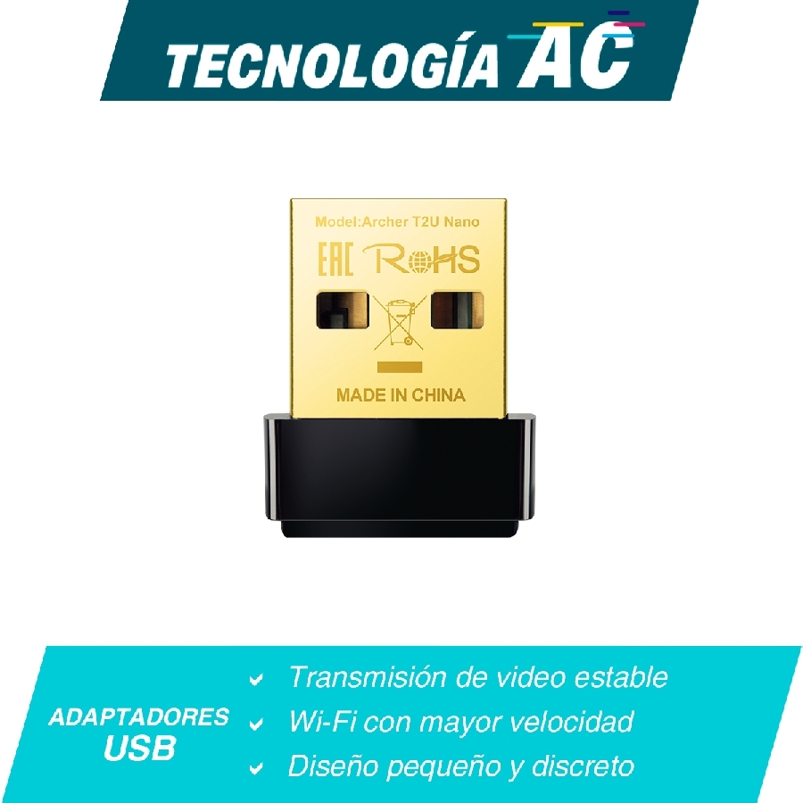 TARJETA DE RED | TP-LINK | ARCHER T2U NANO | USB | DUAL BAND AC600 | 5GHZ 433MBPS 2.4GHZ | 150MBPS